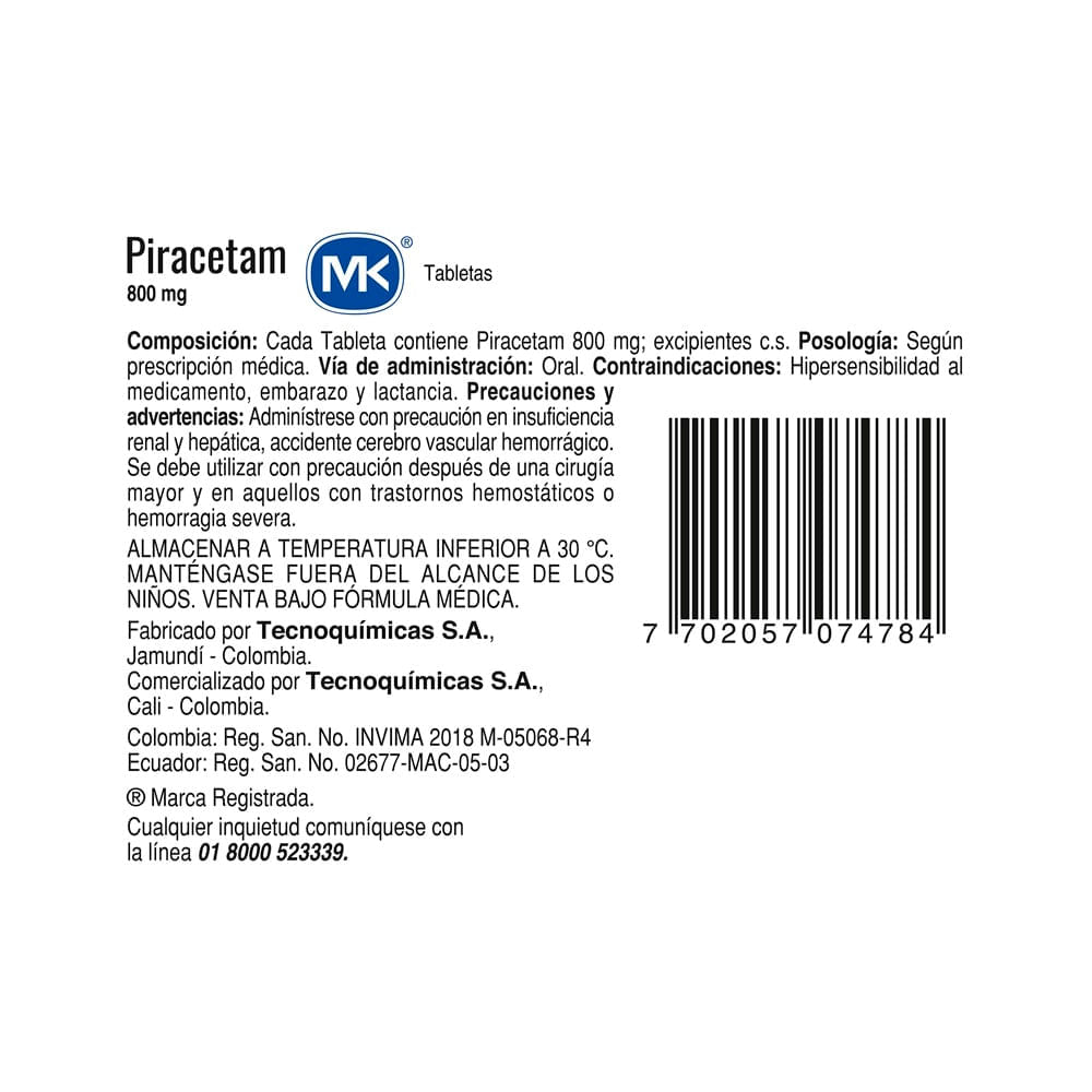 Piracetam Mk 800Mg Caja X 30 Tabletas | Puntos Colombia